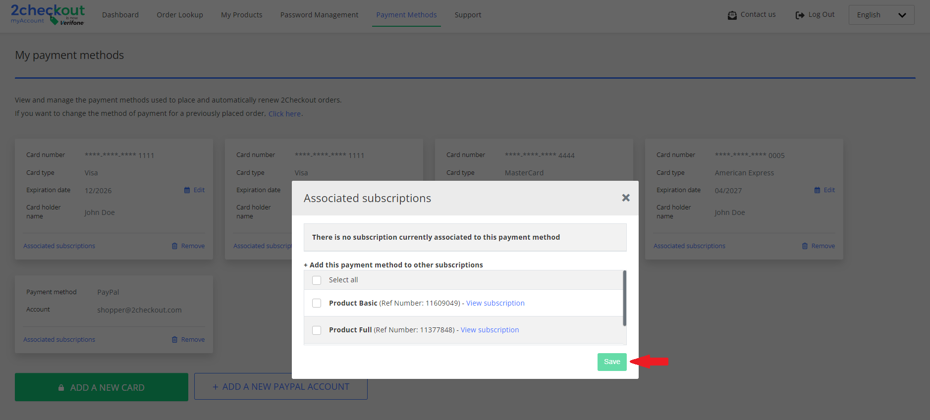 Payment methods management in 2Checkout myAccount | Documentation | 2Checkout